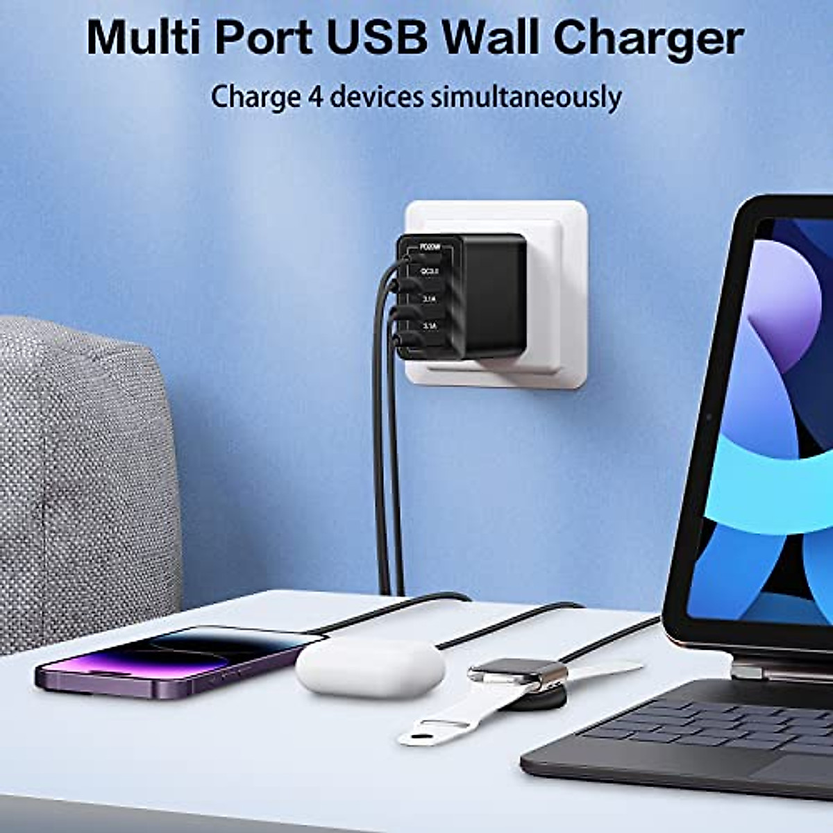 35W USB C Charger Fast Charging Block 4Port Multi USB Wall Charger Quick 3.0 Power Delivery Adapter Bricks Compatible for iPhone14/13/Pro Max,Pad Samsung S23 S22 S9,Google Pixel 7,6 Tablet,Black-II