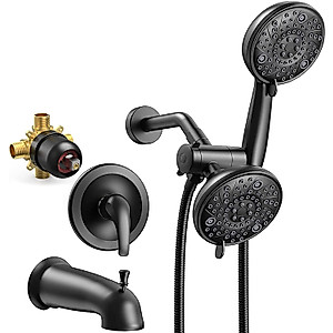 EMBATHER Tub and Shower Faucet Set, Dual Shower Head with Bathtub Faucet Set, Single-handle Control Shower Valve and Trim Kit, Matte Black