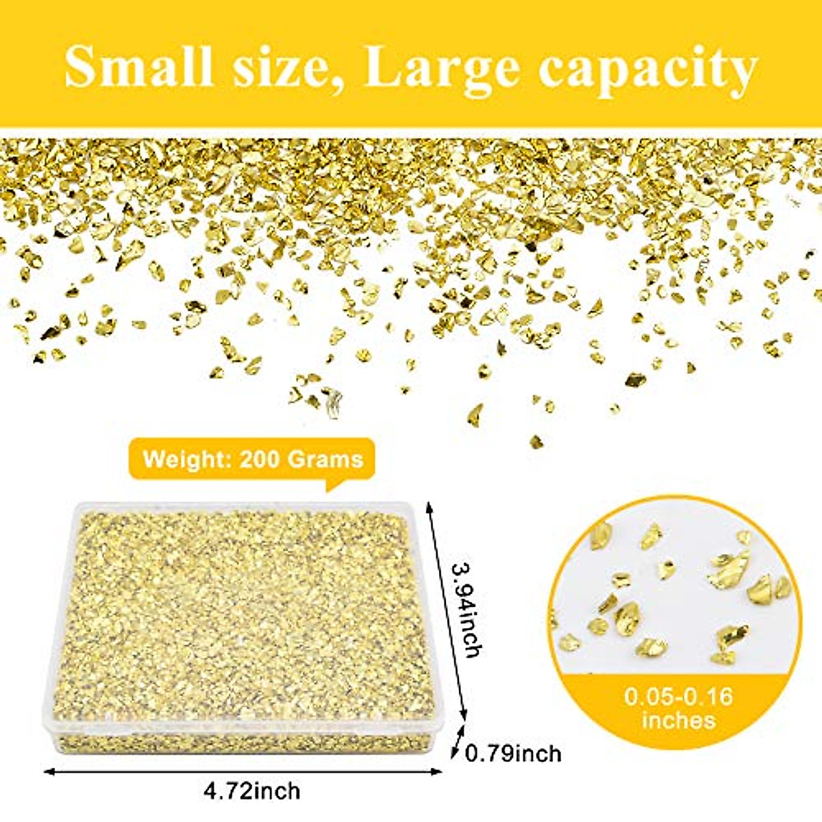 WANDIC Crushed Glass, 200 Grams 2-4mm Gold Crushed Broken Glass, Irregular Metallic Chips Fillers Sprinkles for Resin Crafts, Nail Art, Painting