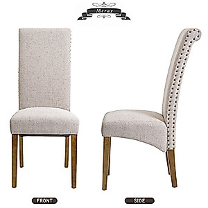 Merax Dining Chair Set of 2 Fabric Padded Side Chair with Solid Wood Legs, Nailed Trim(Beige)