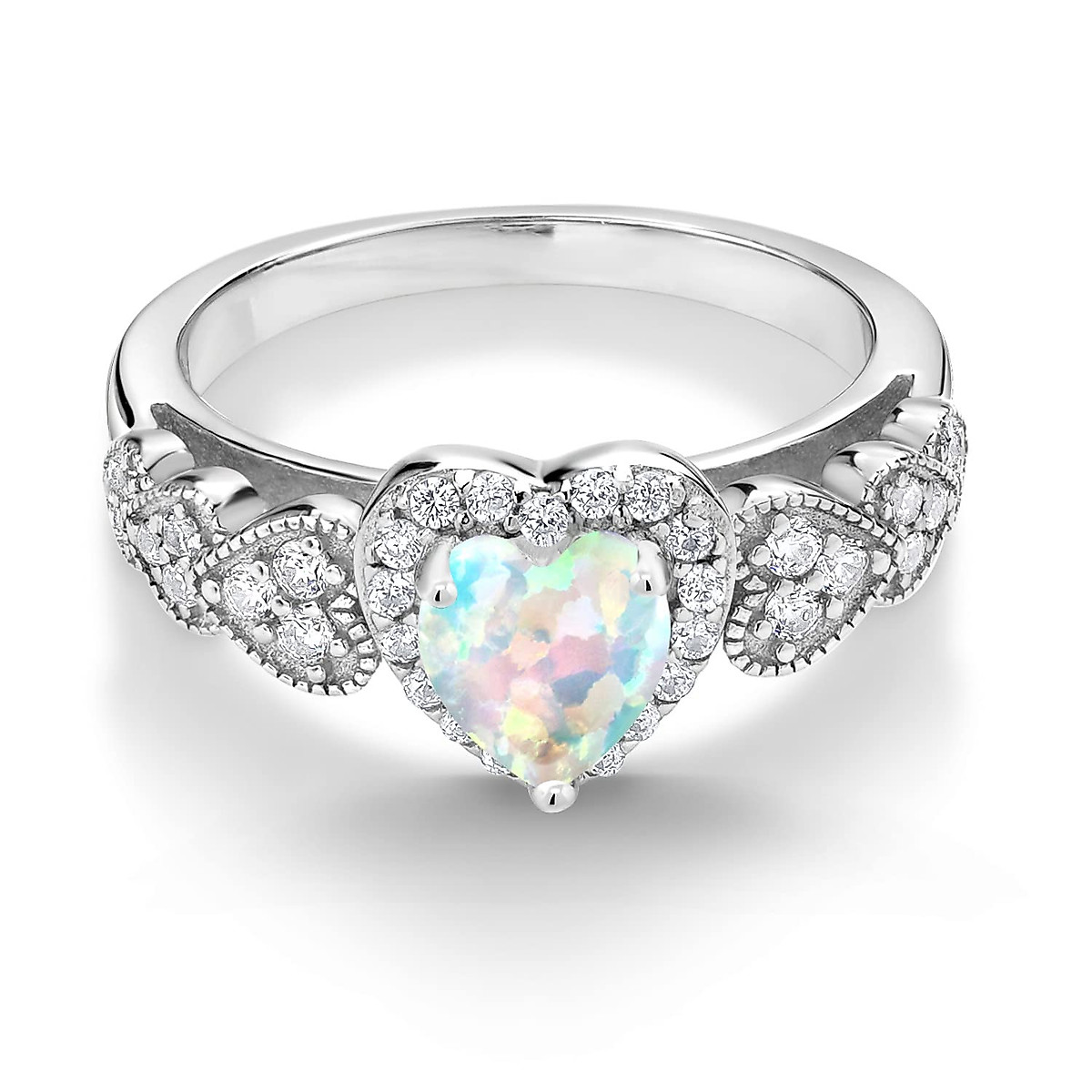 Gem Stone King 925 Sterling Silver Heart Shape Simulated Opal and White Moissanite Ring For Women (0.93 Cttw, Available In Size 5, 6, 7, 8, 9)
