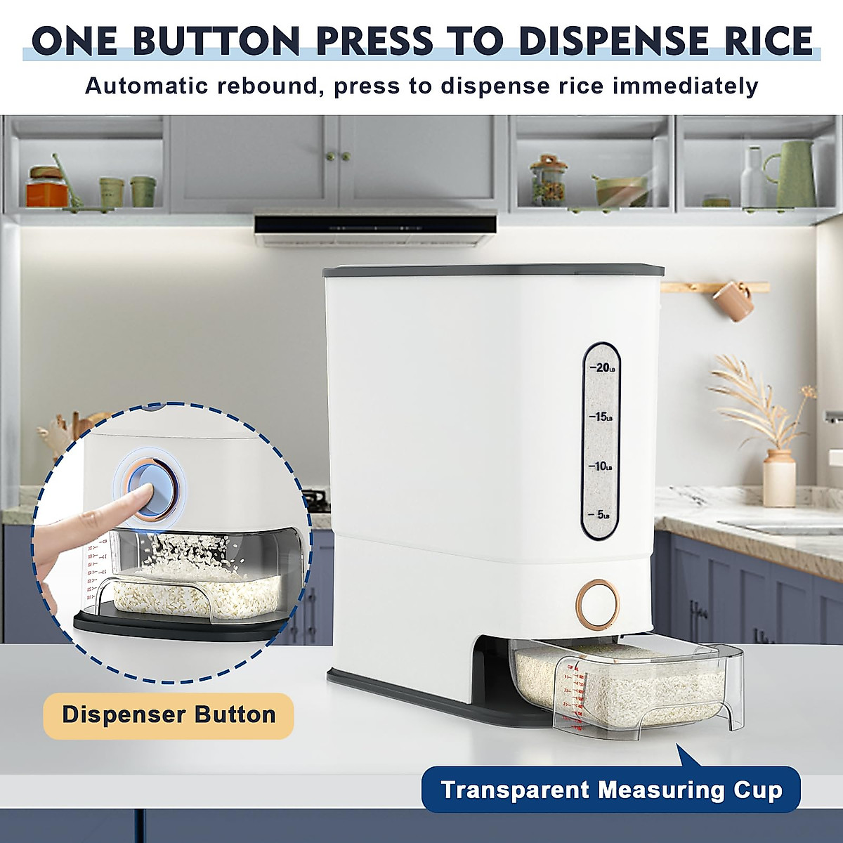 Ubooop 26.5 Lbs Rice Dispenser, Large Dry Food Dispenser with Measuring Cup, for Rice, Beans, Cereals, Perfect for Kitchen Pantry Organization