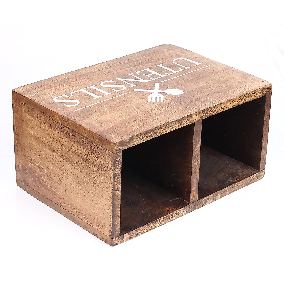 ARTISENIA Wooden Kitchen Utensil Holder With 2 Compartments Wood Utensil Organizer for Cutlery, Napkins, Cups Caddy Organizer | 9.5 X 5 X 7 Inch