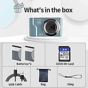 Saneen Digital Camera, 4K Kids Camera with 32GB SD Card and 2 Rechargeable Batteries, 48MP & 16X Digital Zoom Compact Point and Shoot Photography Cameras for Kids, Beginners, Elder - Blue