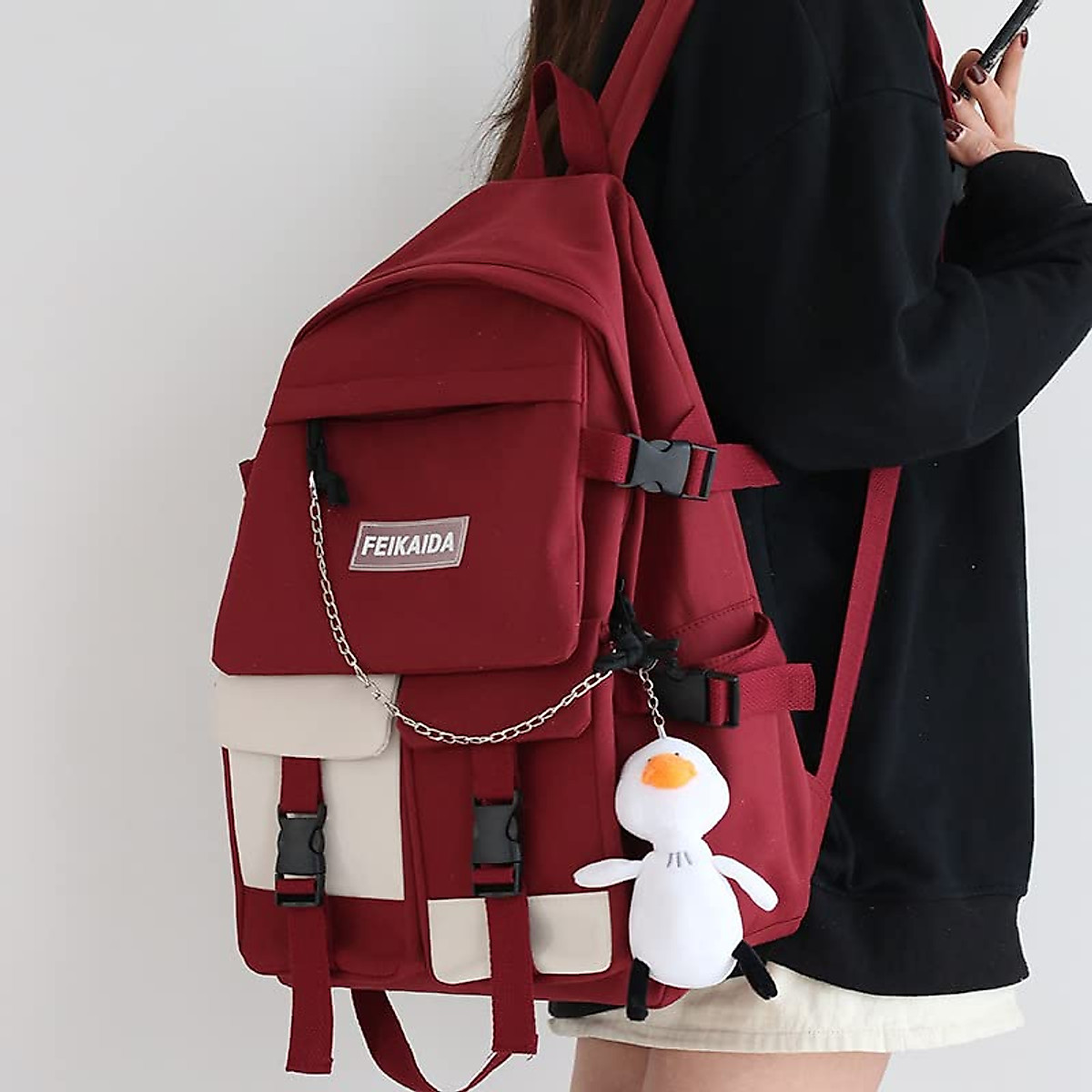 HOKMAH Kawaii Backpack with Kawaii Pin and Accessories, Cute Backpack for Girls Boys Preppy Staff Back Top School Supplies Gifts (Red)