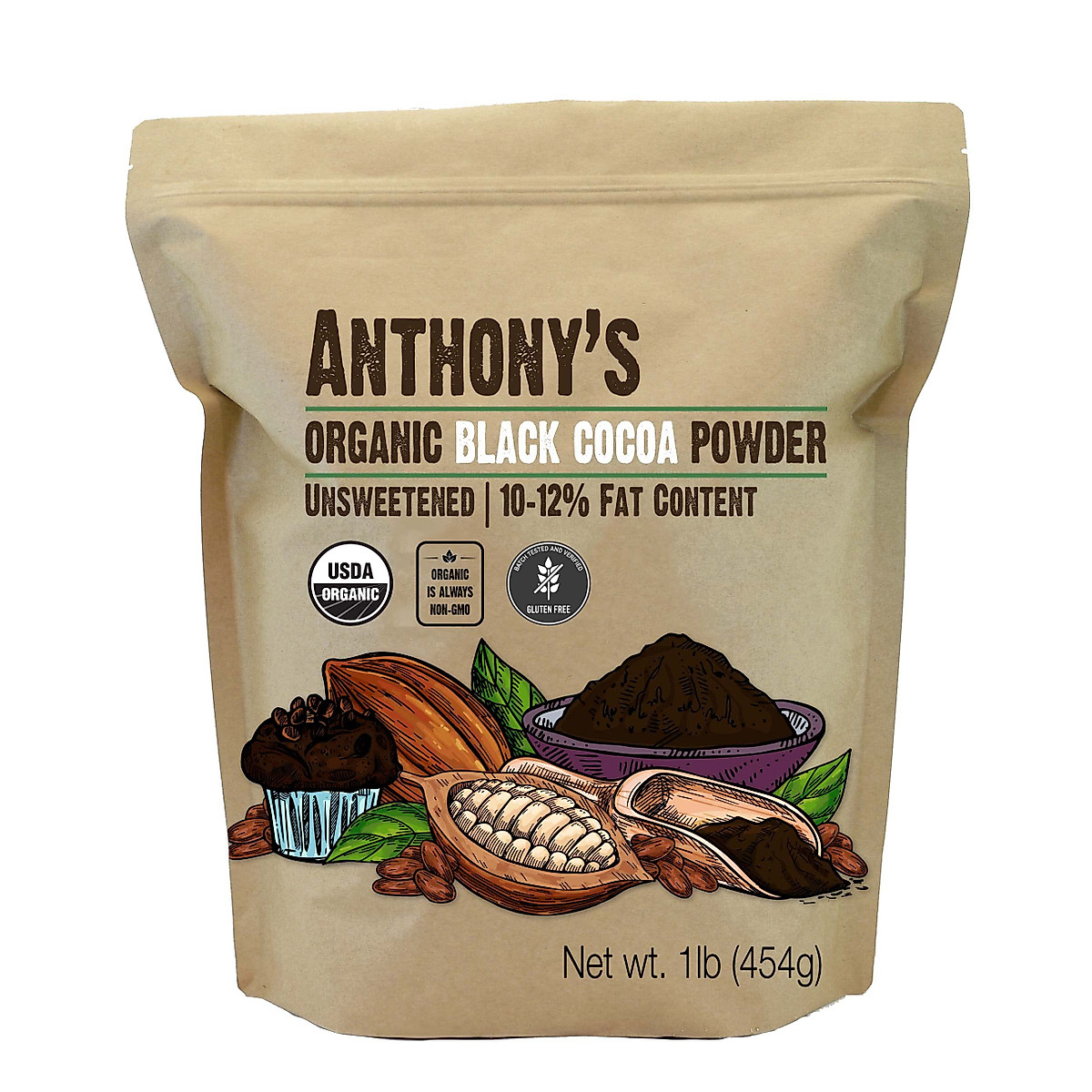 Anthony's Organic Black Cocoa Powder, 1 lb, Unsweetened, Dutch Processed, Gluten Free, Non GMO