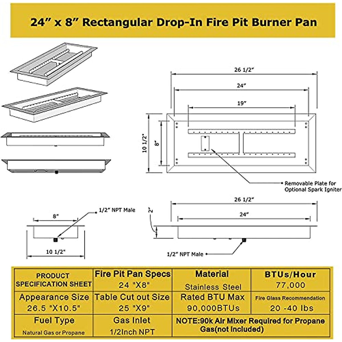 MENSI 24 by 8 Inch Stainless Steel Rectangle Drop in Rectangle Propane Natural Fire Pit Burner Sytem Kit DIY Fire Table Accessories