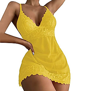 Babydoll Blouse Women's Knot Front Teddy Lingerie Floral Lace Bodysuit One Piece Babydoll Yellow