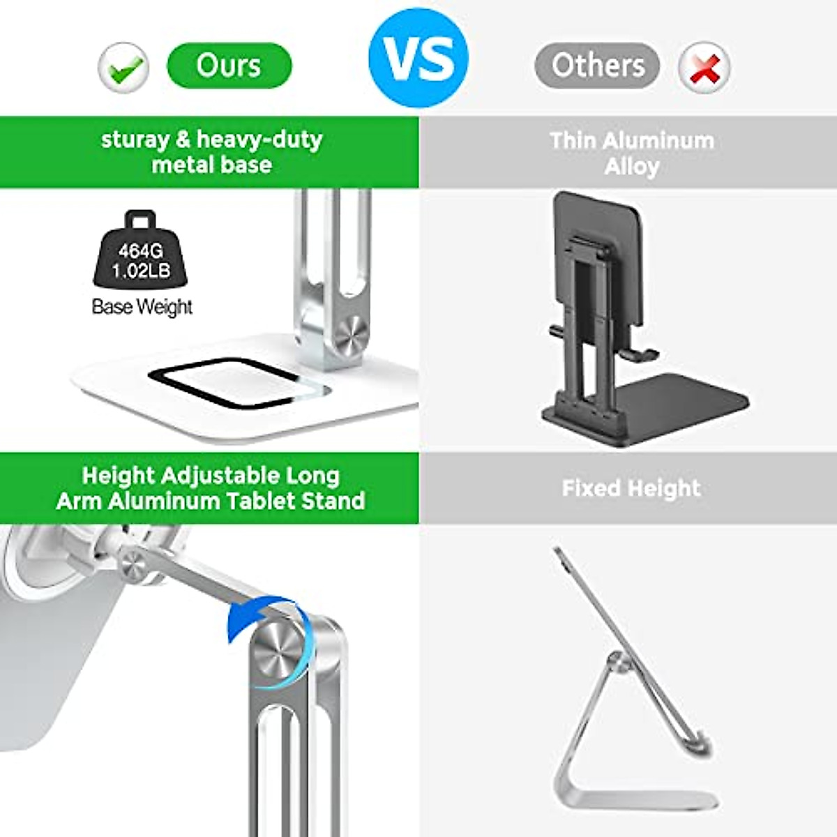 Lucrave Tablet Stand Holder for Desk, Adjustable Aluminum 360 Degree Rotating Desktop Mount Dock Compatible with iPad Pro 9.7, 10.5, 12.9, Air, Mini, Kindle, Galaxy Tab, E-Reader (4-13"), Silver