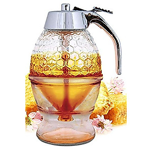 Hunnibi Honey Dispenser No Drip Glass - Maple Syrup Dispenser Glass - Beautiful Honey Comb Shaped Honey Pot - Honey Jar with Stand, Great Bee Decor