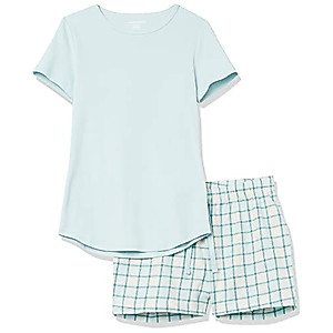 Amazon Essentials Women's Lightweight Flannel Short and Cotton T-Shirt Sleep Set, Light Blue Plaid, Small