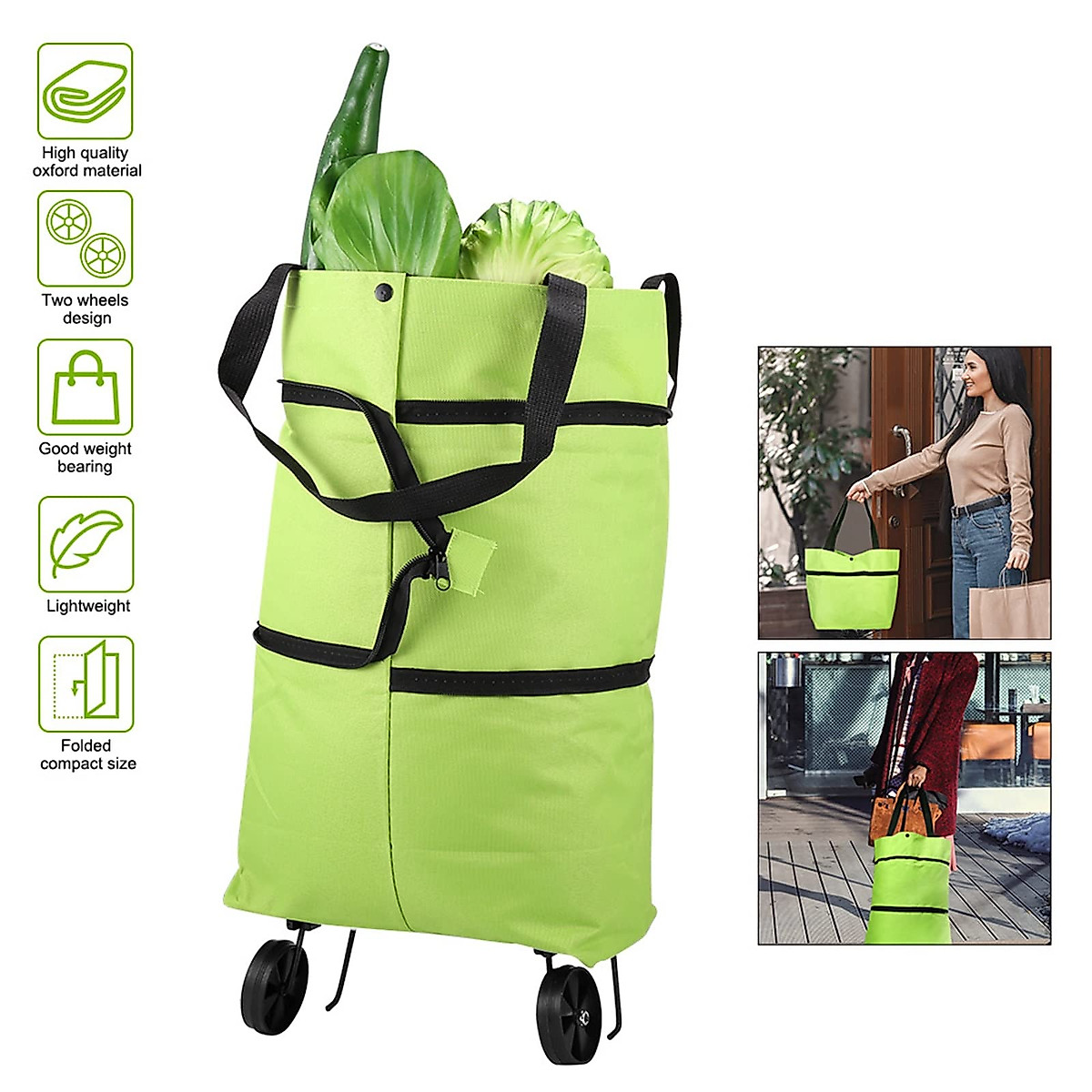 2 in 1 Foldable Shopping Cart, 2023 New Foldable Shopping Bag Carts with Wheels, Portable Rolling Tote Shopping Bag with Wheels, Waterproof Trolley Collapsible Grocery Shopping Tote Bag Cart (A GREEN)