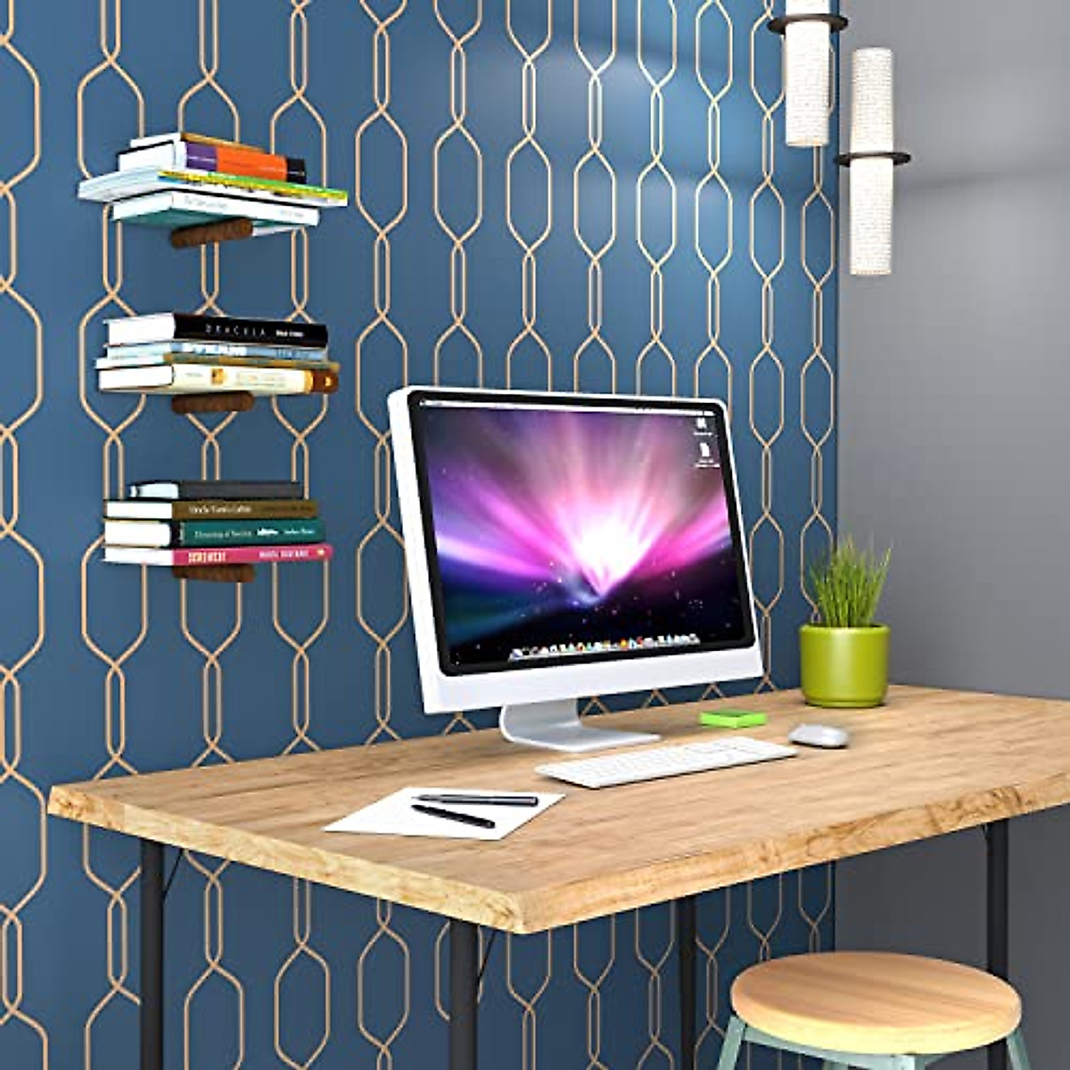 Decorative Invisible Floating Bookshelf with Wooden Rod, Wall Mounted Metal Book Organizer Shelf, for Home, Office, Library, Study, Livingroom, Bedroom, Set of 3 Walnut.