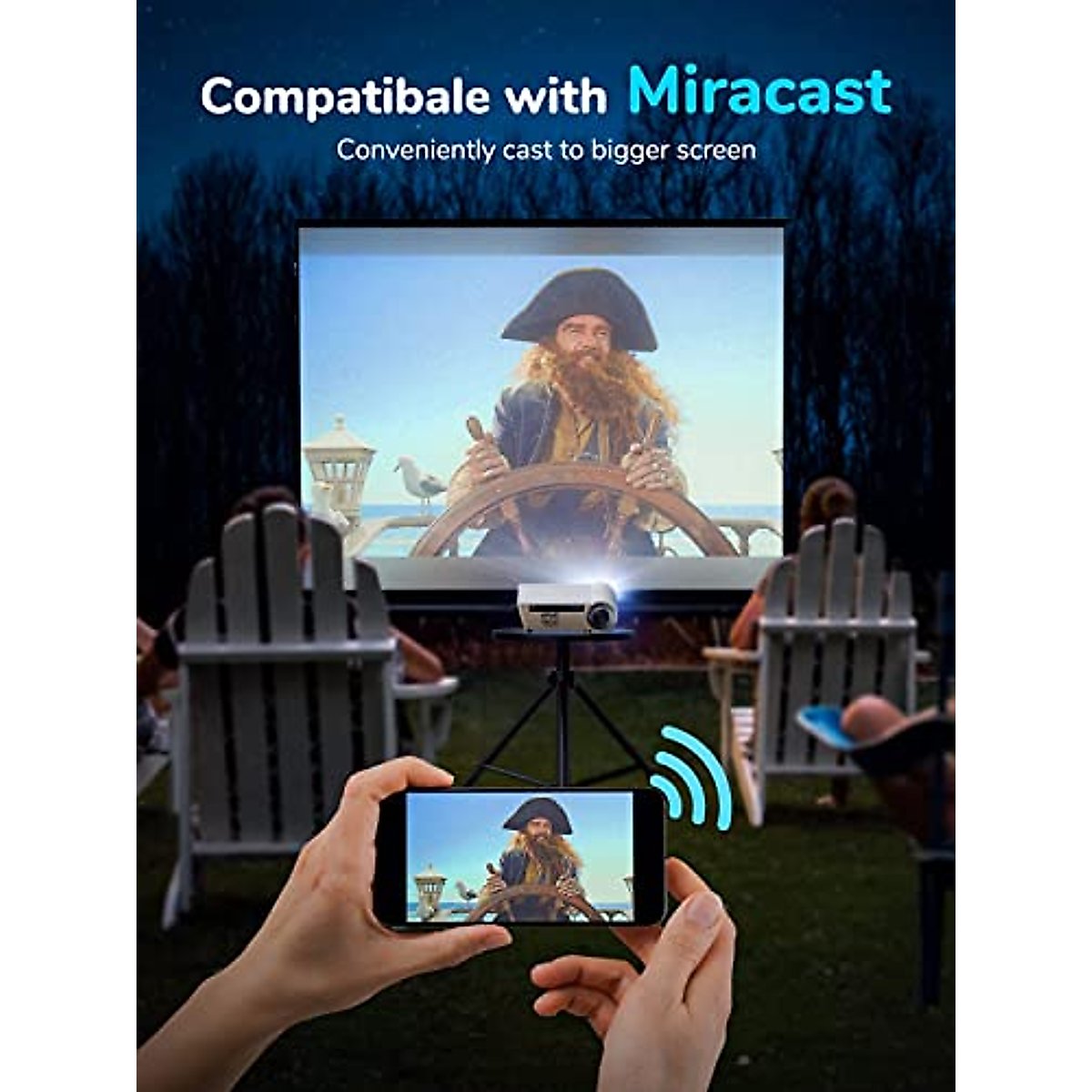 YEHUA Mini Projector with WiFi and Bluetooth,4k Portable Projector HD 1080P and 200" Screen Supported, LED Outdoor Movie Projector with Remote,Compatible with iOS,Android,HDMI,VGA,AV,2 USB Interface