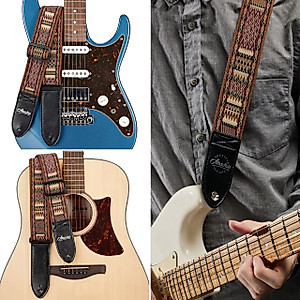 Amumu Guitar Strap Brown Diamond Grill Retro Chevron Polyester Woven for Acoustic Electric Bass Guitars with Genuine Leather Ends + Free Rubber Strap Blocks &amp; Headstock Tie