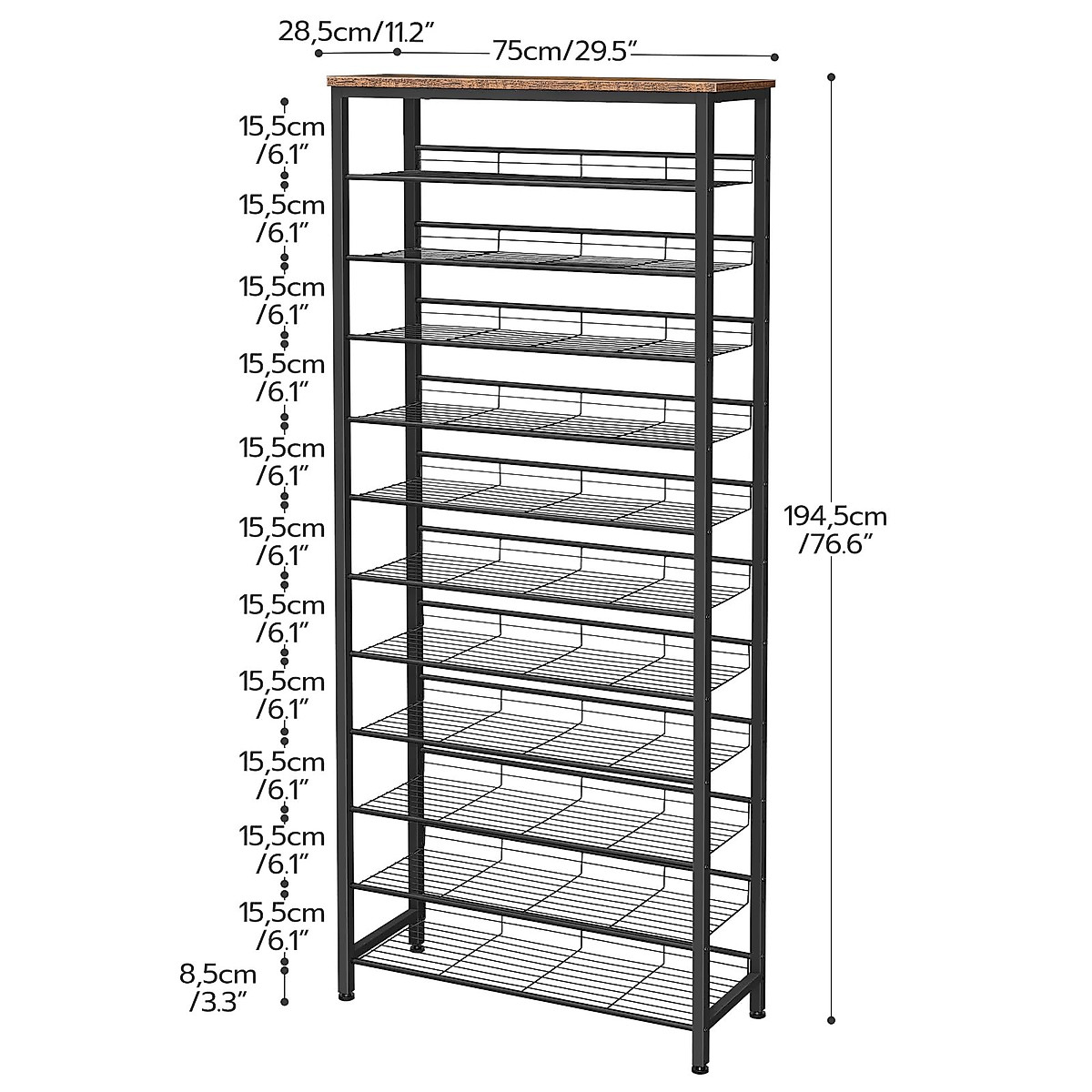HOOBRO 12-Tier Shoe Rack, Large Capacity Shoe Storage Organizer for 35-45 Pairs of Shoes, Standing Shoe Shelf with Slanted Shelves, for Entryway, Closet, Hallway, Rustic Brown and Black BF51XJ01