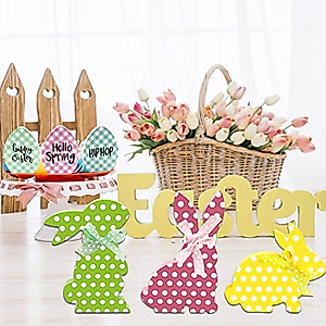 Ahzemepinyo 6 Pieces Easter Bunny Egg Table Wooden Sign Hello Spring Tiered Tray Decorations Double Printed Buffalo Plaid Bunny Egg Wood Tabletop Decoration for Spring Easter Farmhouse Tray Decor