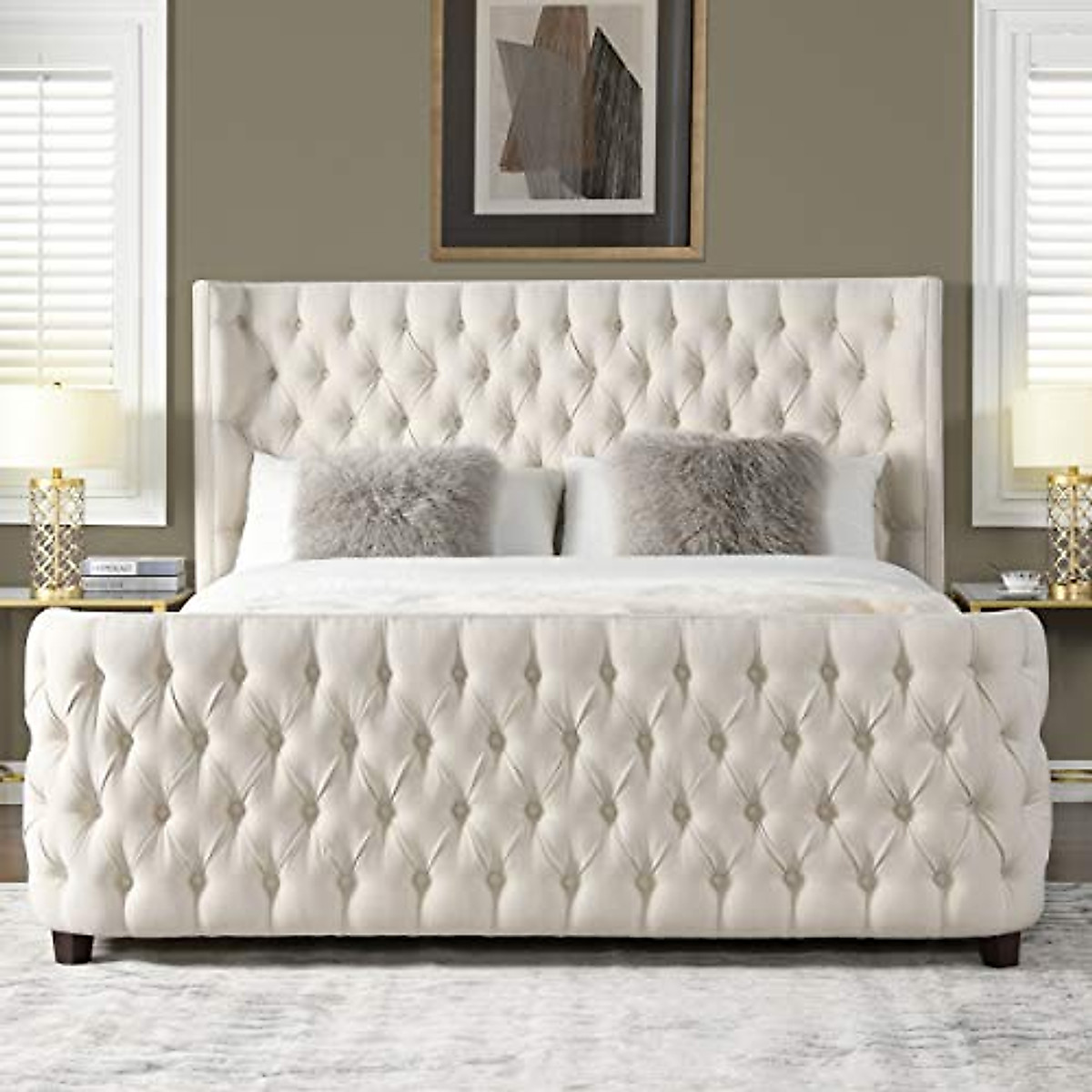 Jennifer Taylor Home Harmonie Upholstered Shelter Headboard Bed Set, King (U.S. Standard), Light Beige Linen