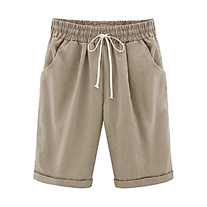 DASAYO Warehouse Amazon Warehouse Womens Bermuda Shorts Knee Length Solid Color Drawstring Elastic Shorts Cute Lounge Long Shorts Cotton Shorts for Women Shorts Women Casual Khaki L