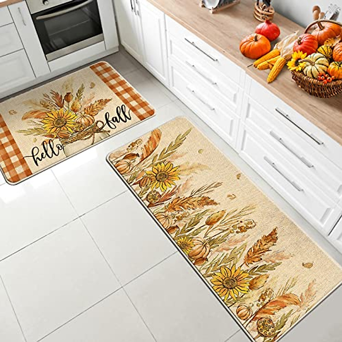 Tailus Hello Fall Sunflower Pumpkin Kitchen Rugs Set of 2, Autumn Harvest Wheat Mason Jar Kitchen Mats Decor, Buffalo Plaid Check Farmhouse Floor Door Mat Home Decorations - 17x29 and 17x47 Inch