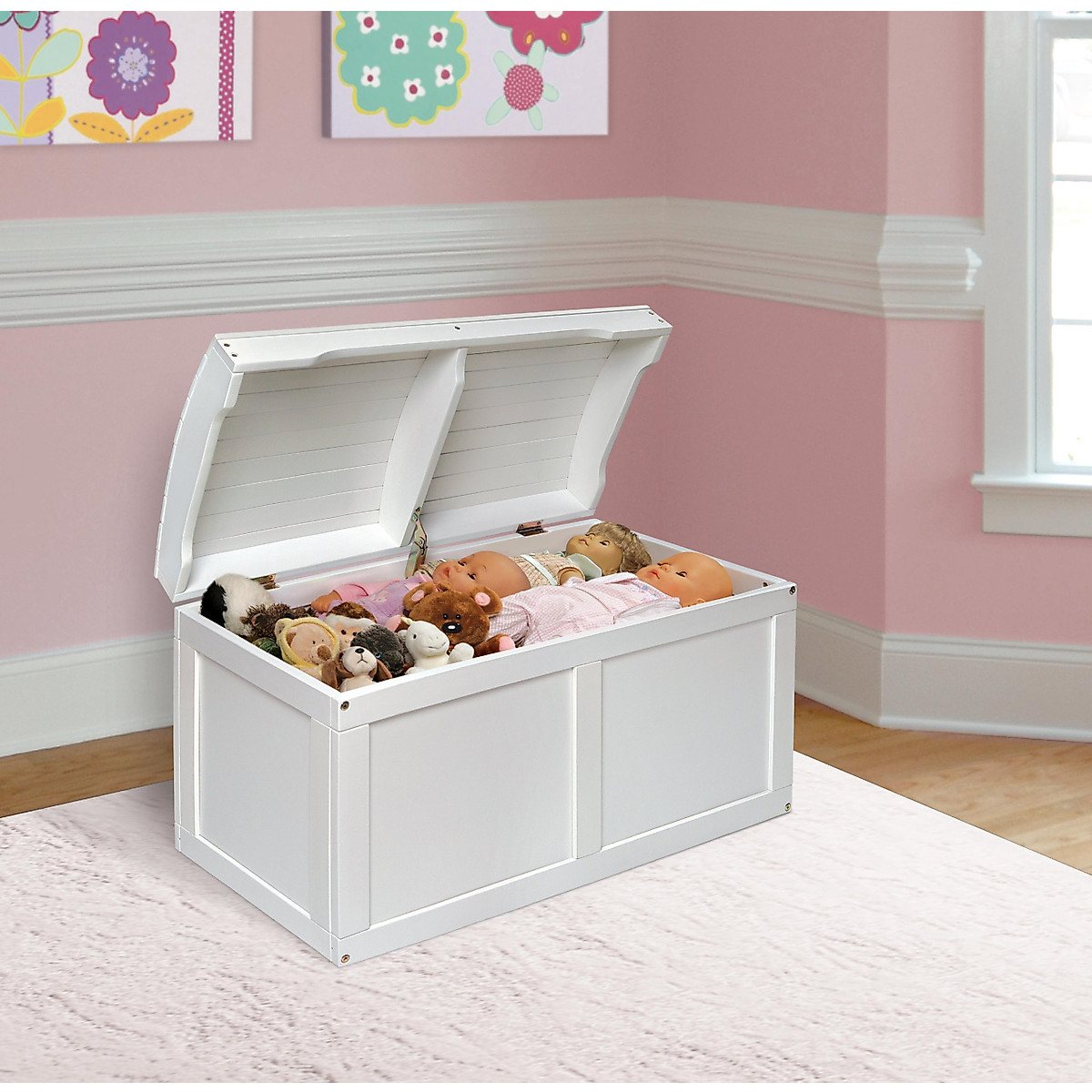 Badger Basket Hardwood Safety Hinge Barrel Top Toy Storage Chest, White (01335)