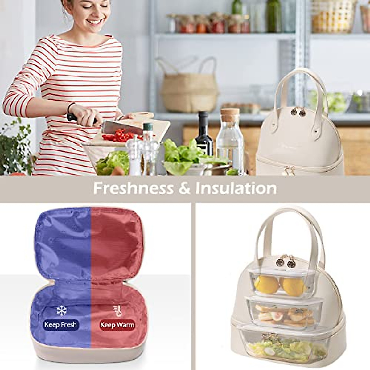 BAKLUCK Lunch Bag Women, Insulated Lunch Box Bag Compact Size with Large Capacity Lunch Tote Bag, Simple Modern Double Decker Waterproof PU Leather - Beige Lunch Bag for Work, Picnic, Travel