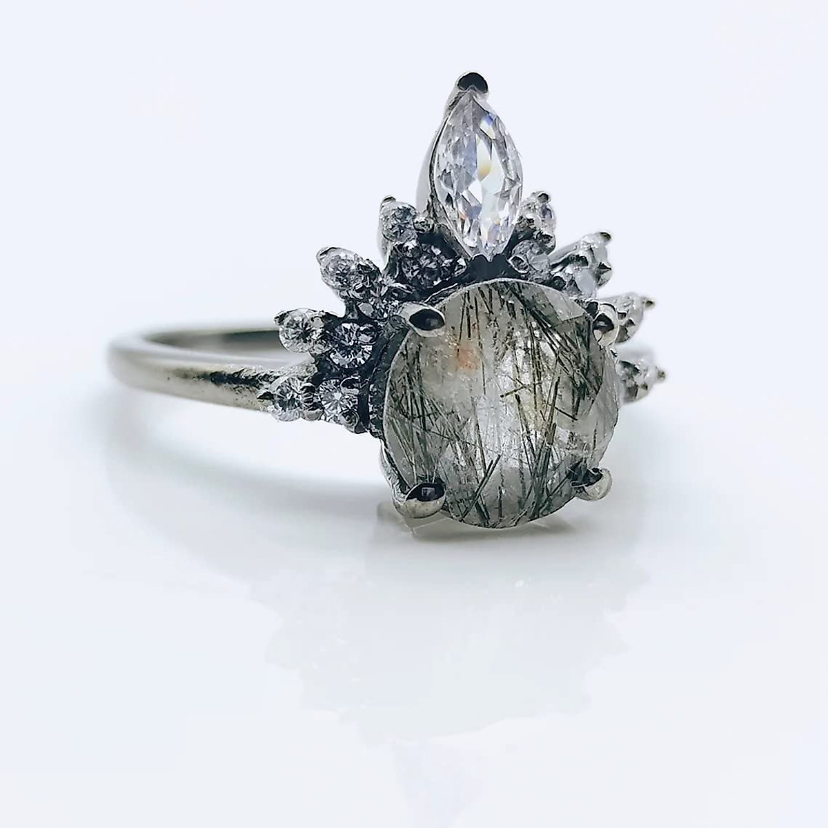 Rings For Women Natural Black Rutilated Quartz Round Cut Ring, Salt And Pepper Diamond Ring, Black Quartz Ring Gift Beautiful Wedding Ring BY FOREVER GEMS & JEWELS, Rose Gold,White,Silver