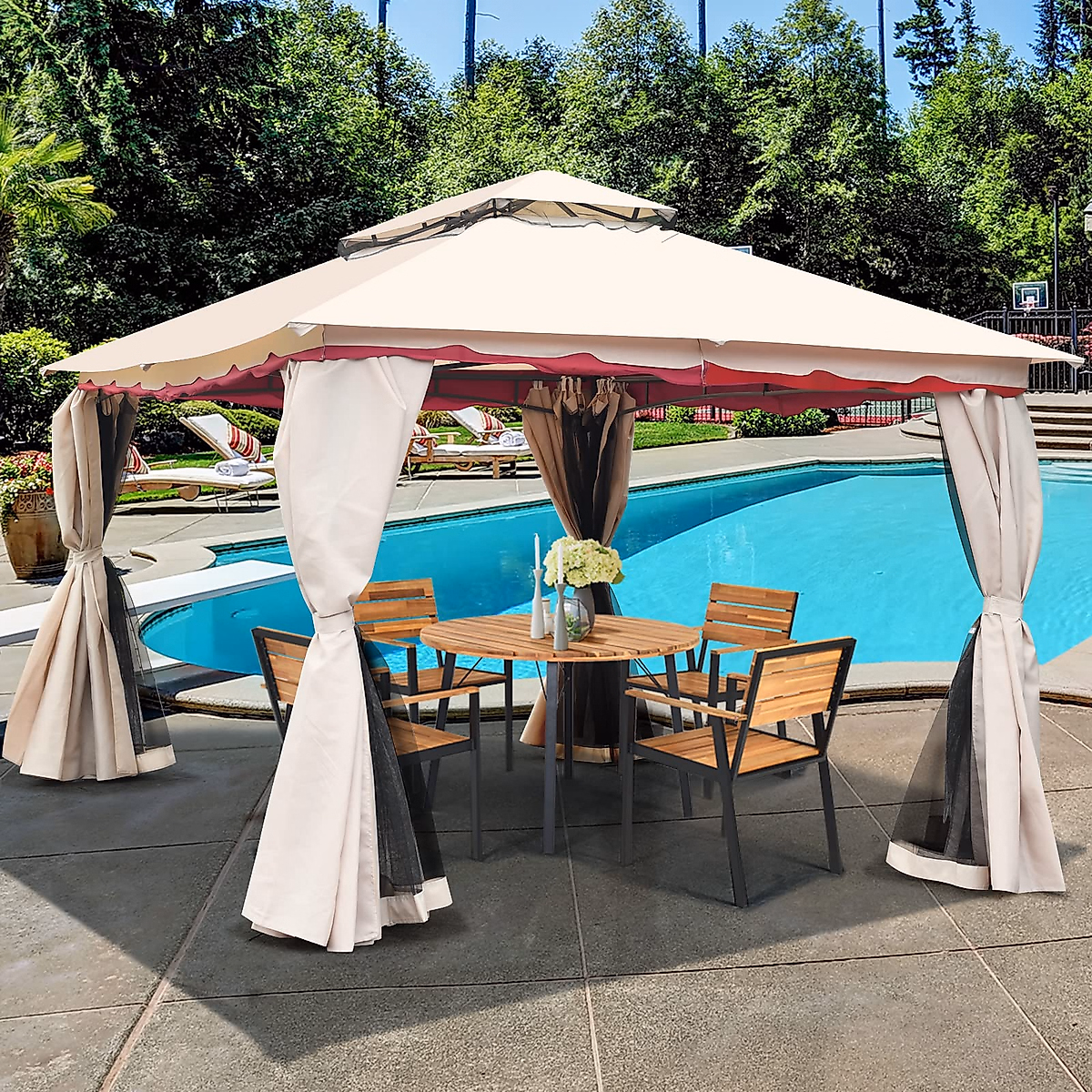 Tangkula 13x10 Feet Patio Gazebo, Outdoor Steel Gazebo with Mesh Netting and Privacy Side Walls, 2-Tier Canopy Gazebo w/ 130 Square Feet of Shade, Ideal for Patio, Yard, Garden