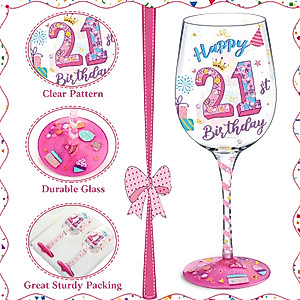Funnymoom Hand Painted Wine Glass Birthday Gifts for Her Artisan Painted 15oz Gift Happy Birthday Cups (Pink,21st Birthday)