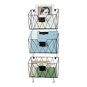 ETELI Hanging Wall Files Organizer Rack Office Metal Mail Holder Organizer Wall Mount 3 Pockets File Holder Wall File Basket with Hooks Tag Board for Office Home, Black