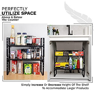 Expandable Kitchen Cabinet Shelf Organizers - Adjustable Height & Width Shelf Riser - Stackable Shelves - Pantry Shelf Organizer Rack - Cupboard Cabinet Storage Shelf Rack - Countertop Organizer