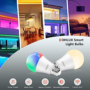 OHLUX Smart WiFi & Bluetooth Alexa Light Bulbs, 10W (100W Equivalent) Color Changing Light Bulbs with Music Sync, Work with Alexa Google Home Siri, A19 E26 900LM 4Pack