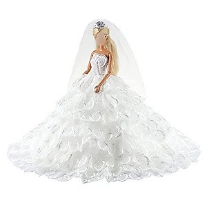 BARWA Wedding Dress Princess Evening Party White Dress Gown with Veil for 11.5 inch Dolls