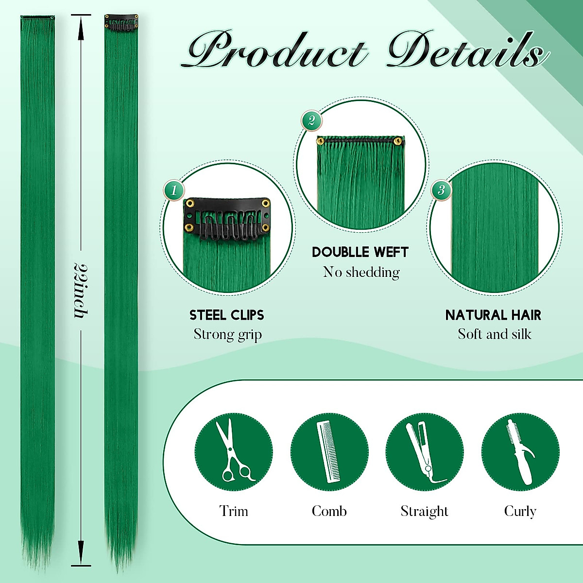 FESHFEN Green Clip in Hair Extensions Colored Hair Extension 10 PCS Highlight Hair Piece Straight Clip in Hairpieces for Women Christmas 22 inch