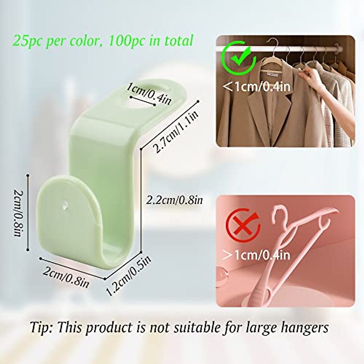 100 Pcs Clothes Hanger Hook Connector, 4 Colors Clothes Hangers Plastic Hooks, Hangers Space Saving Organizer for Heavy Clothes Closet