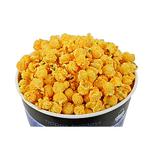 Signature Popcorn, 1-Gallon Happy Holidays Blue Ornament Reusable Plastic Tin - Gourmet Cheddar Cheese Popcorn