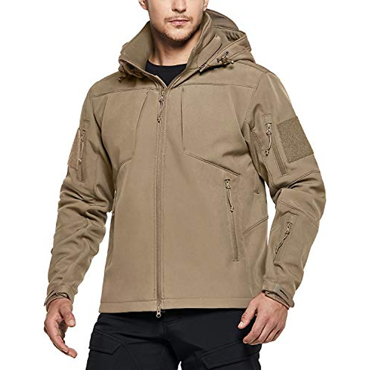 CQR Men's Winter Tactical Military Jackets, Lightweight Water Resistant Fleece Lined Softshell Hunting Jacket w Hoodie, Operator Multipocket Coyote, XX-Large