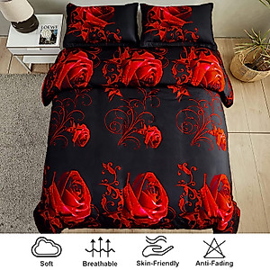 WONGS BEDDING Mother's Day Red Duvet Cover King, Reversible Red Rose Duvet Cover 3 Pieces with Zipper Closure-Ultra Soft Microfiber Bedding Set (1 Duvet Cover 90"x104"+2 Pillowcases)