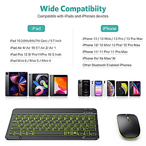 TECURS Bluetooth Keyboard and Mouse Combo for iPad - Rechargeable Wireless Keyboard & Mouse with 7-Color Backlit Compatible with iPad 10th/9th/8th Gen, iPad Pro/Air/Mini, iPhone15/14/13 Pro, Black