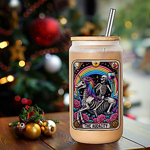 Fairy's Gift the Audacity Iced Coffee Cup, Cute 16 oz Frosted Glass Cup with Lid Straw, Christmas Funny Skull Cups, Sarcastic Skeleton Glass Tumbler, Cool Birthday Witchy Gifts for Women Tarot Lovers
