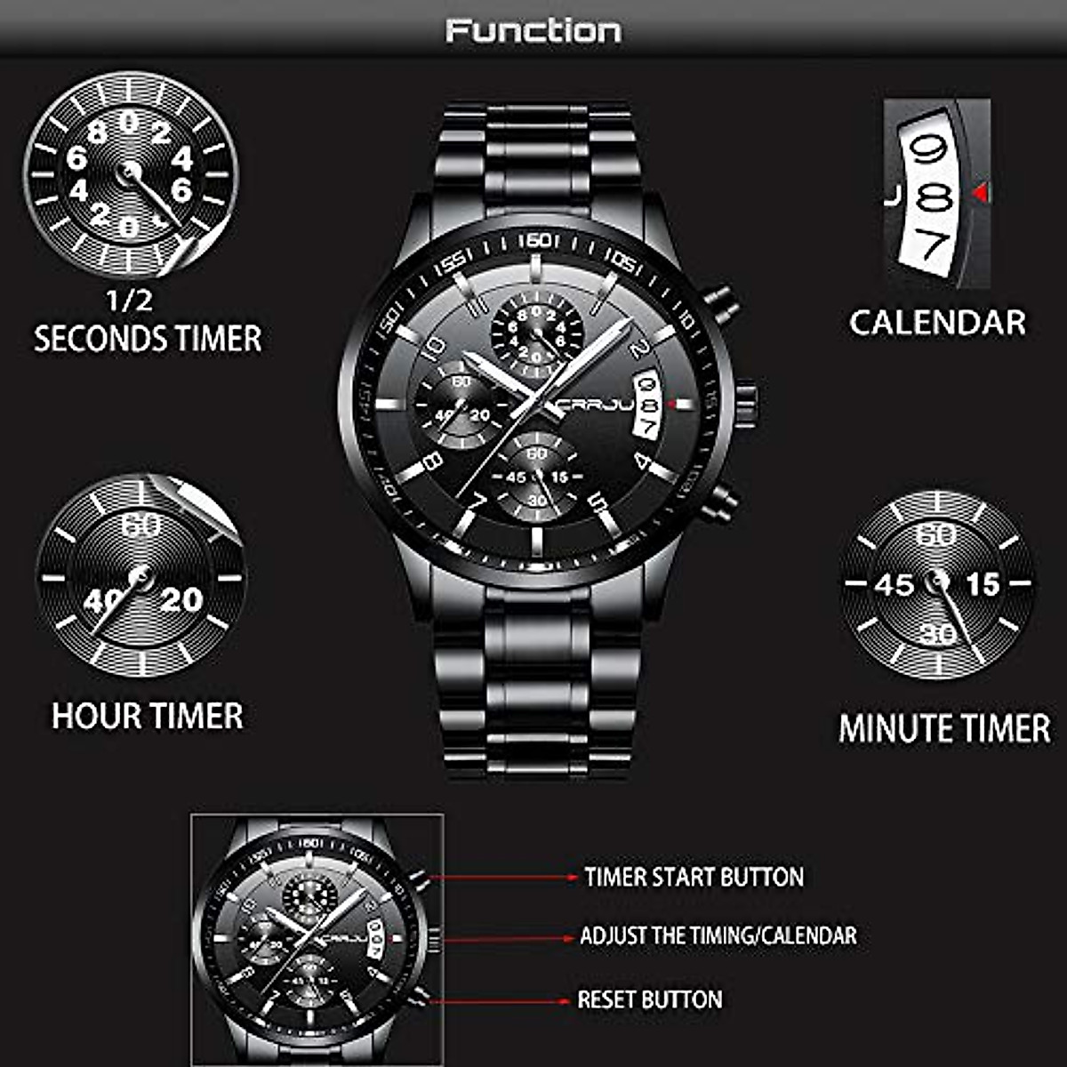 CRRJU Men's Black Watch Fashion Business Chronograph Quartz Wristwatches,Luxury Stainsteel Steel Band Waterproof Watch for Men