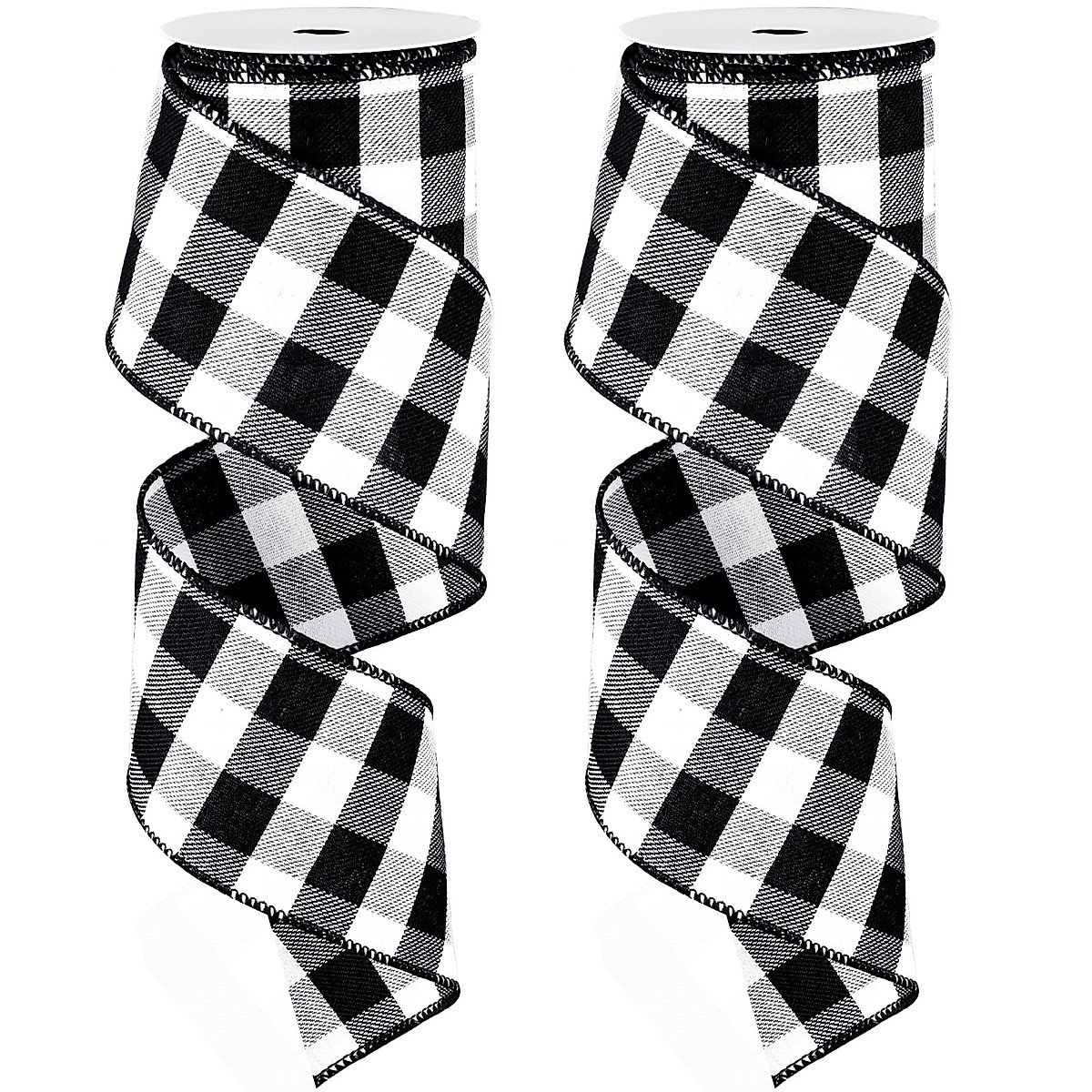 Whaline 2 Rolls Wired Edge Plaid Ribbon Christmas Buffalo Check Ribbon White Black Plaid Ribbon 2.5" Wide Farmhouse Craft Ribbon for DIY Gift Wrapping Wreath Xmas Tree Bow Decoration, 10 Yard