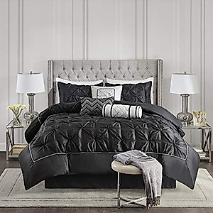 Madison Park Laurel King Size Bed Comforter Set Bed In A Bag - Black , Wrinkle Tufted Pleated – 7 Pieces Bedding Sets – Faux Silk Bedroom Comforters