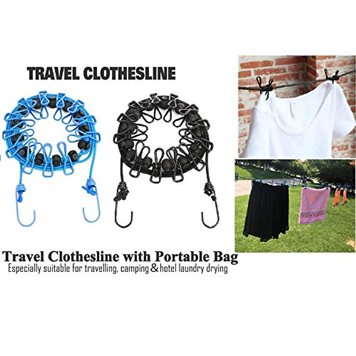 Newraturner 2 Pack Portable Clothesline with 12 Clothespins, Windproof Travel Clothesline Stretchy Retractable Elastic Laundry Clothes Line for Backyard, Vacation Hotel, Balcony Clothes Drying Line