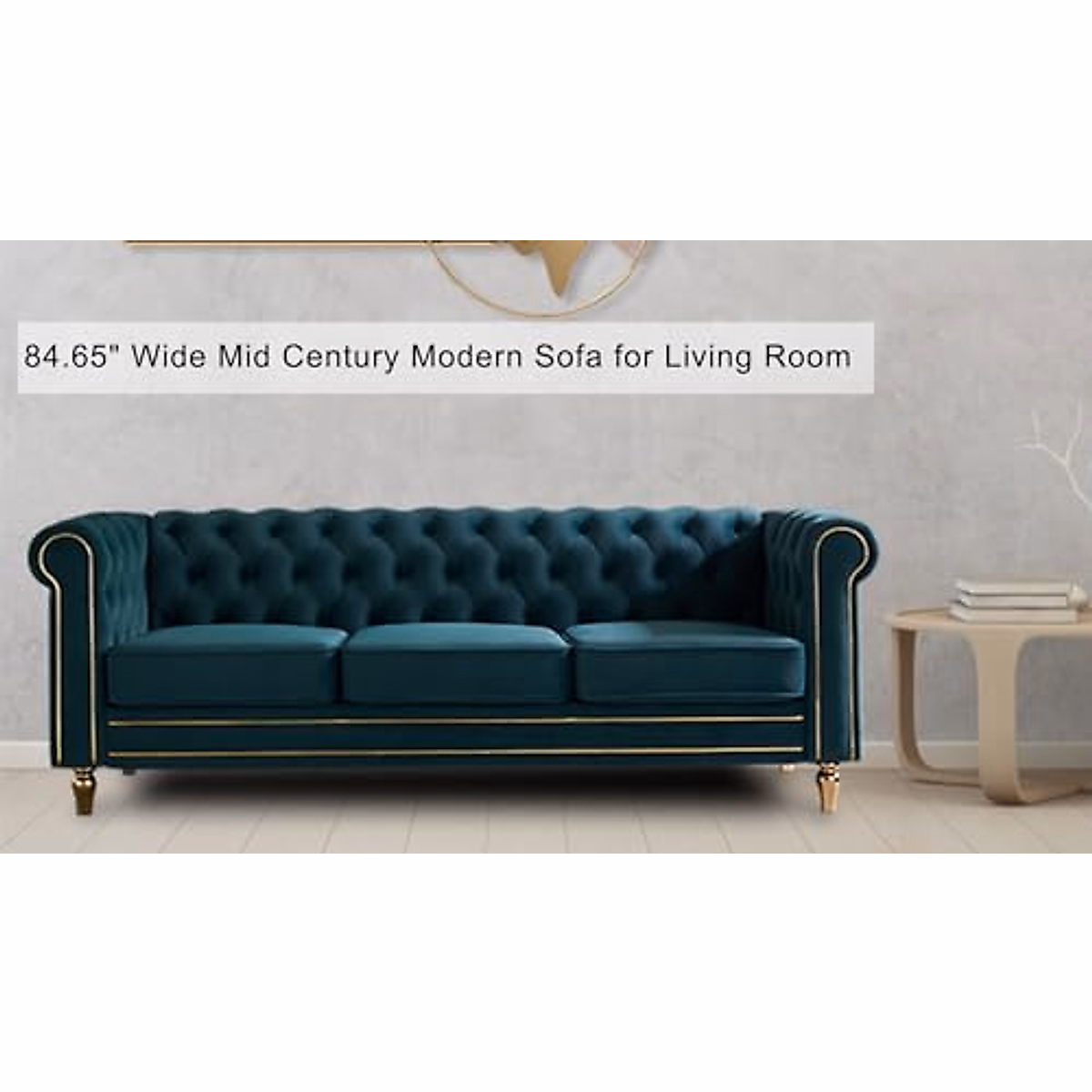 EMKK Large Chesterfield Sofa 3 Seater Modern Velvet Couch Upholstered Sofá with Tufted Back for Living Room Furniture,Nailhead Trim Round Armset, F-Green