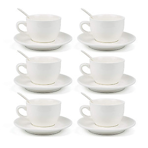 Kingrol 8 Ounces Cappuccino Cups with Saucers & Spoons, Porcelain Tea Cup Set, Set of 6 Coffee Mugs for Latte, Mocha, Cappuccino, and Mulled Drinks
