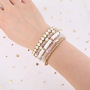 MAKERSLAND White Bracelets Cute Clay Beaded Crystal White Cute Bracelet Set for Women, 5Pcs Strand Stretch Preppy Heishi Bracelet Beach Bohemian Layering Bracelet Jewelry for Teens