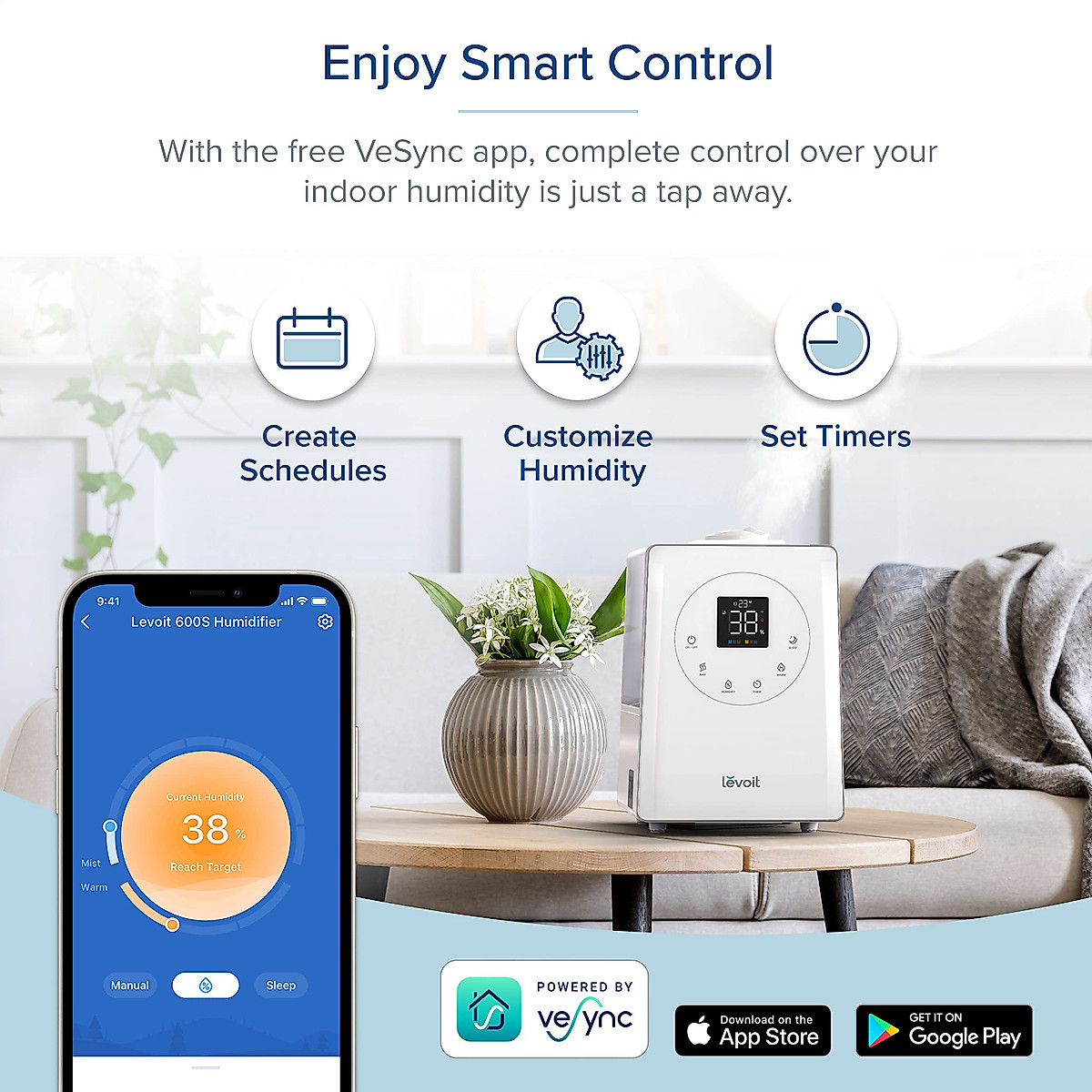 LEVOIT Humidifiers, White & Humidifiers for Bedroom Large Room Home, Smart Wifi Alexa Control, 6L Top Fill Cool Mist, Gray