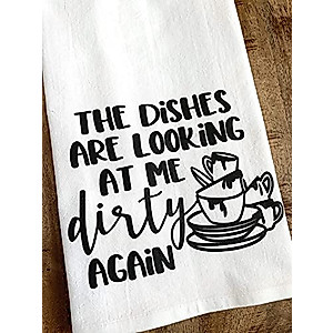 Handmade Funny Kitchen Towel - 100% Cotton Funny Hand Towel for Kitchen - 28x28 Inch Perfect for Chef Housewarming Christmas Mother’s Day Birthday Gift (The Dishes Are Looking at Me...)