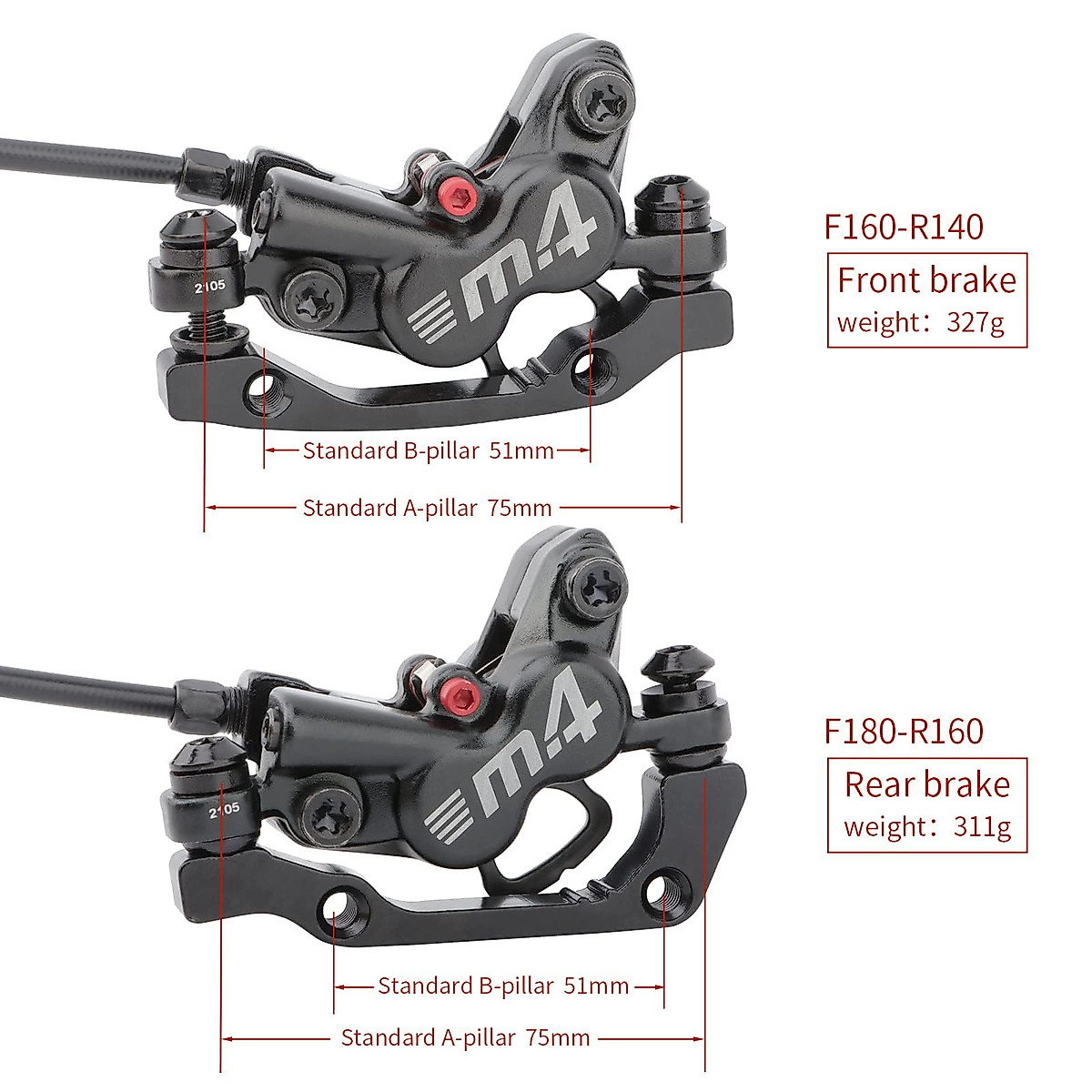 MEROCA M4 4-Piston Mountain Bike Hydraulic Disc Brakes Left Front 800mm Right Rear 1400mm Hydraulic Brake Ebike Hydraulic Brakes Bike Disc Brake